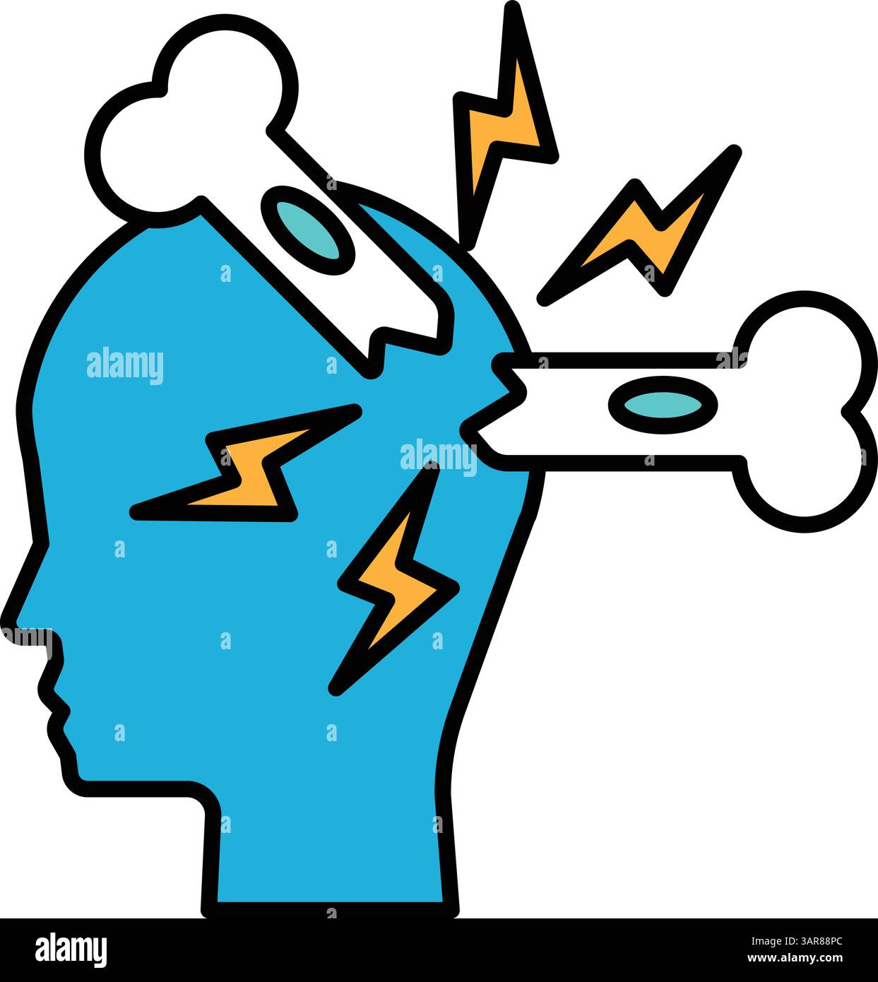 A cartoon of a head with a skull on it. The skull is broken and the ...