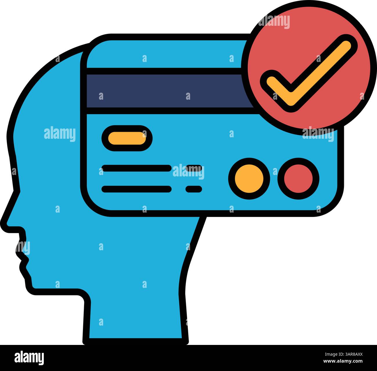 A blue head with a red check mark on a credit card. The check mark ...