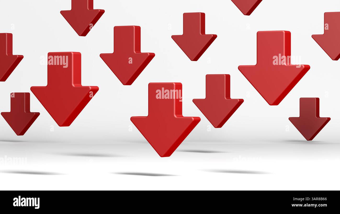 Red arrows pointing down isolated on white background. 3d illustration ...
