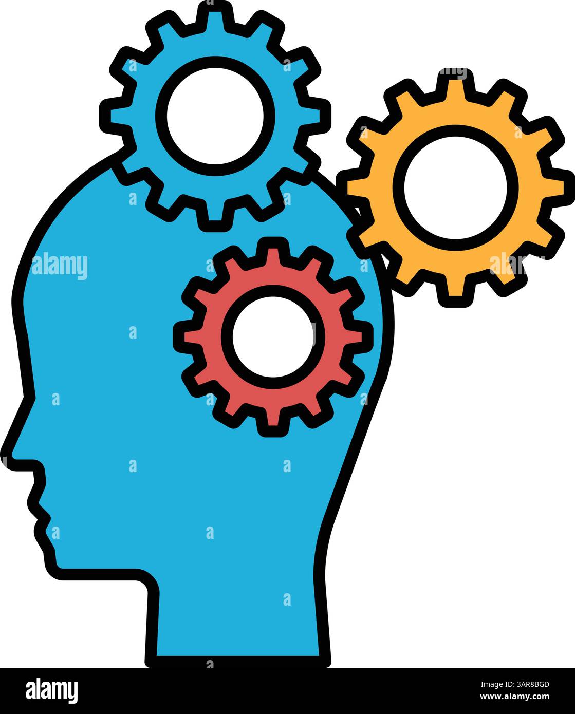 A blue head with three gears on it. The gears are red, yellow and ...