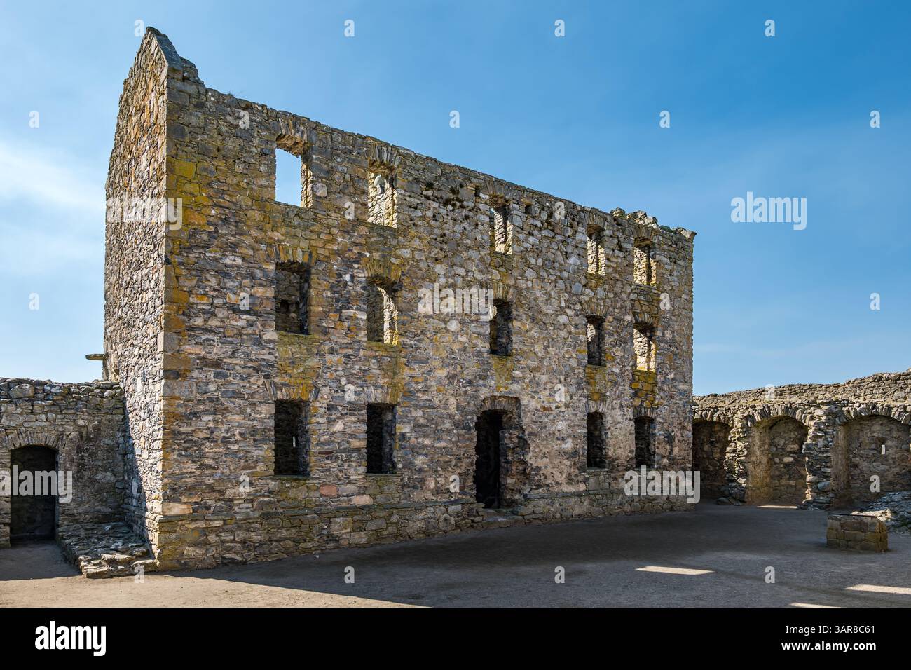 View of ruined military building Ruthven Barracks on hilltop, Kingussie ...