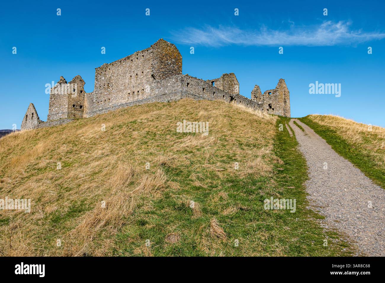 View of ruined military building Ruthven Barracks on hilltop, Kingussie ...