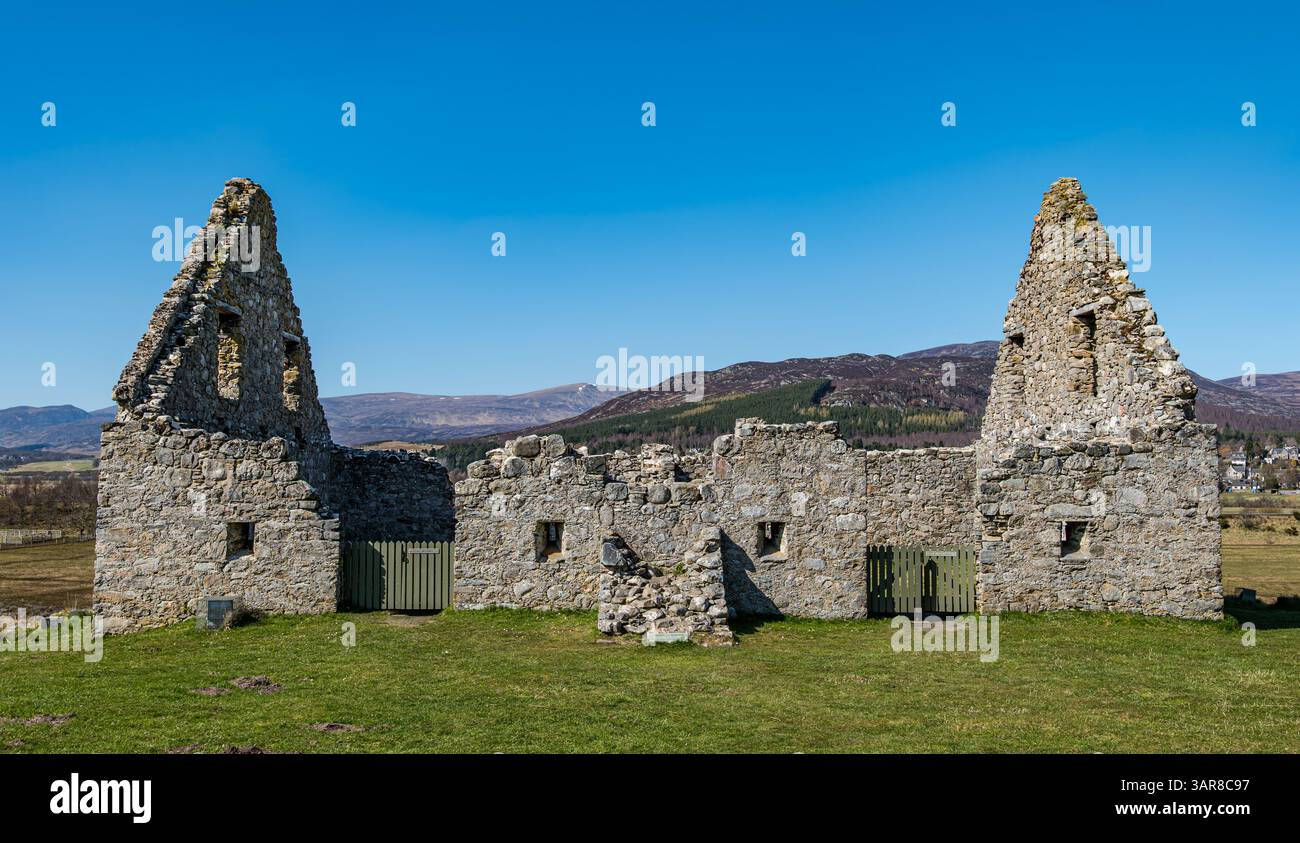 View of ruined military building Ruthven Barracks on hilltop, Kingussie ...