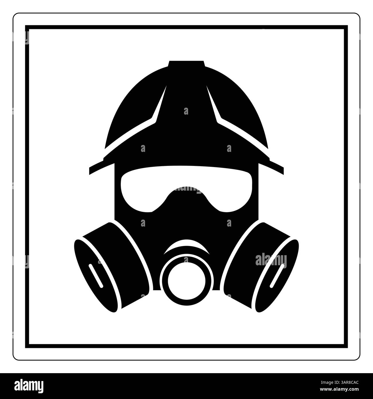 This graphic features a black and white icon of protective headgear ...
