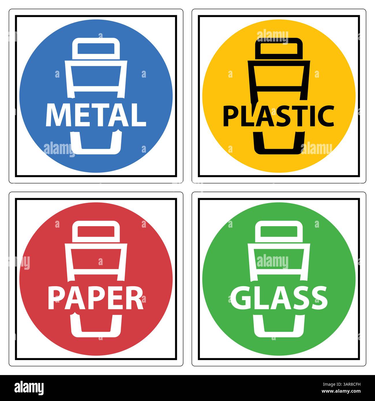 Bright recycling symbols for metal, plastic, paper, and glass ...