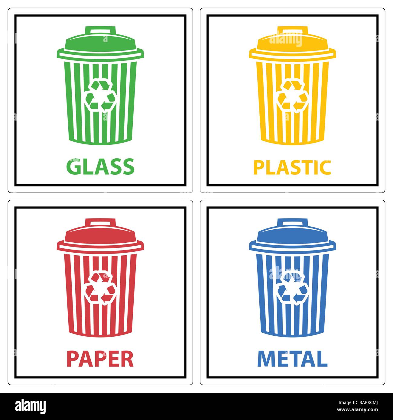 This image features four distinct recycling bins in vibrant colors designated for glass, plastic ...
