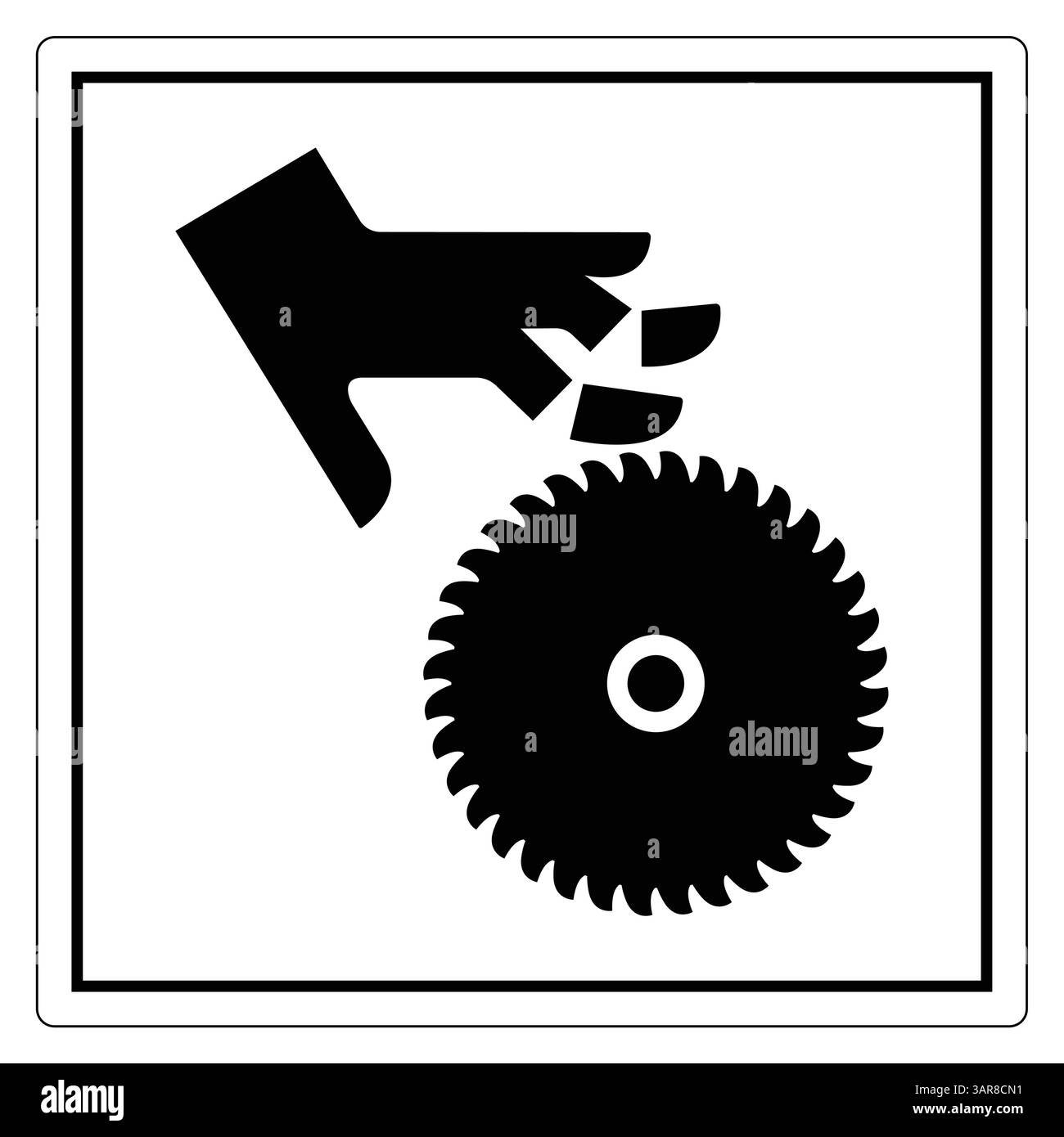 This graphic features a hand reaching towards a circular saw blade ...