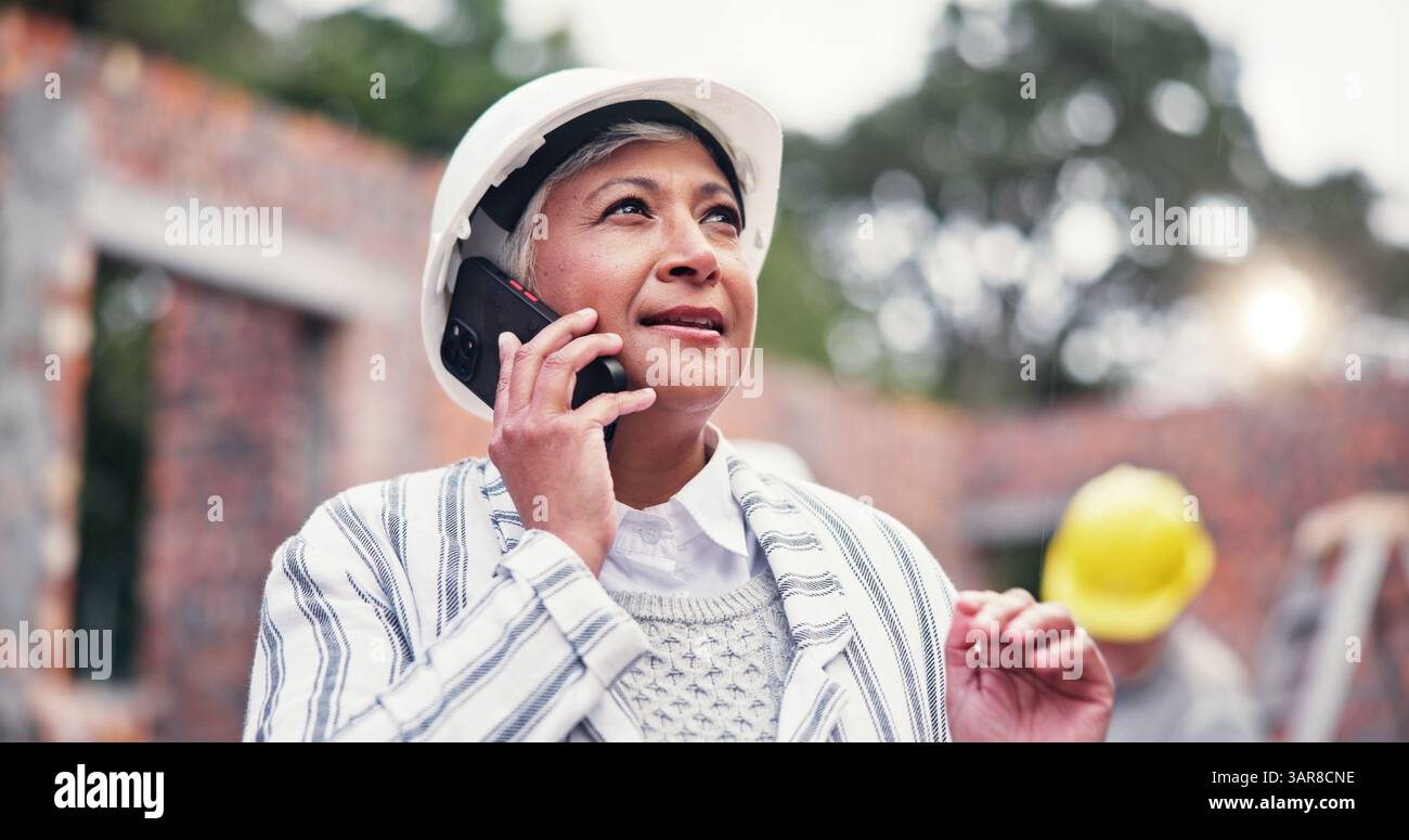Construction, phone call and woman in city on site for inspection ...