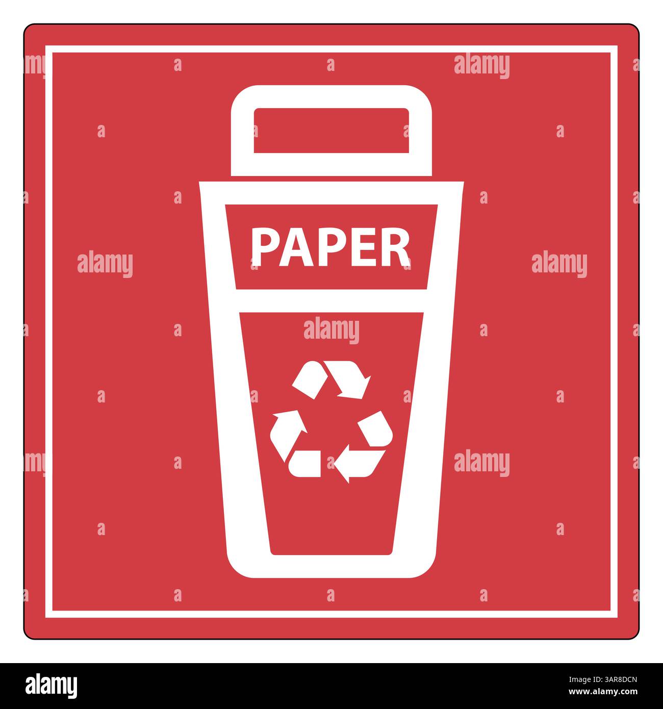 This image features a paper recycling bin icon against a red background ...