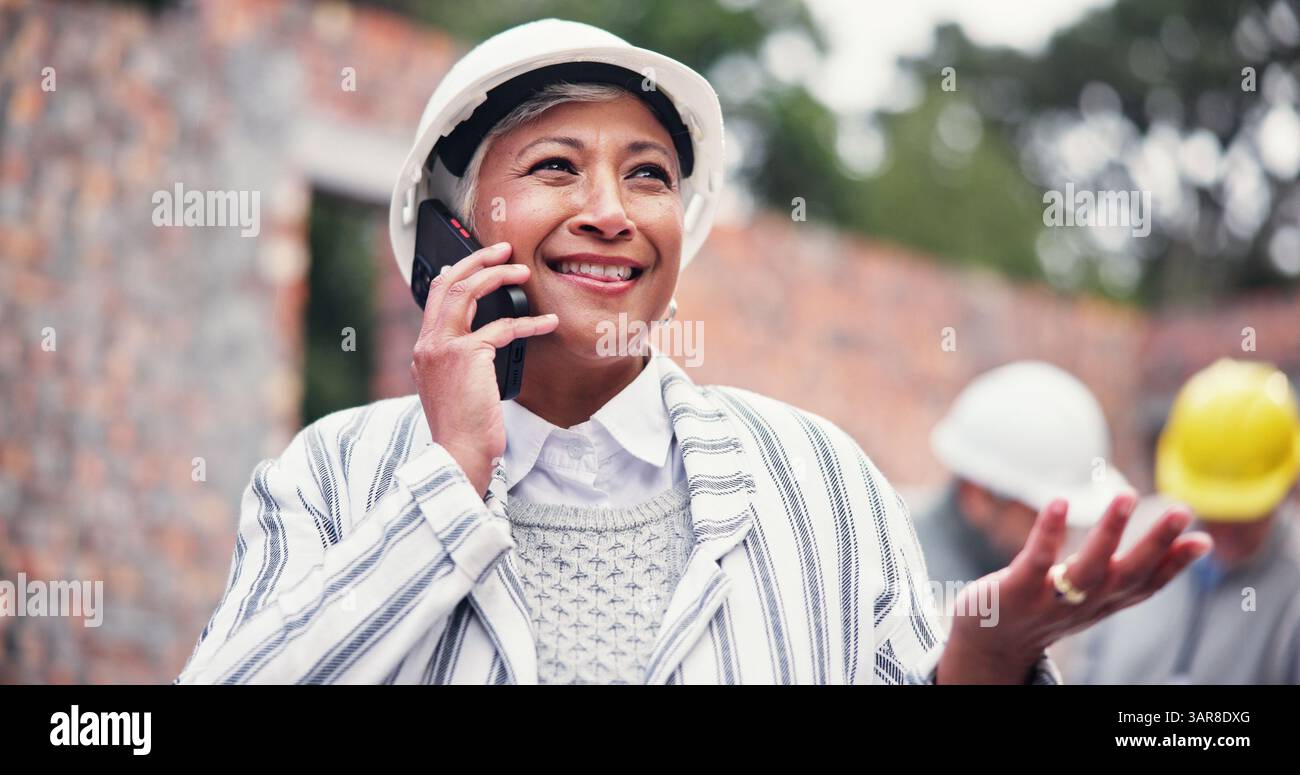 Construction site, phone call and woman in city talking for inspection ...