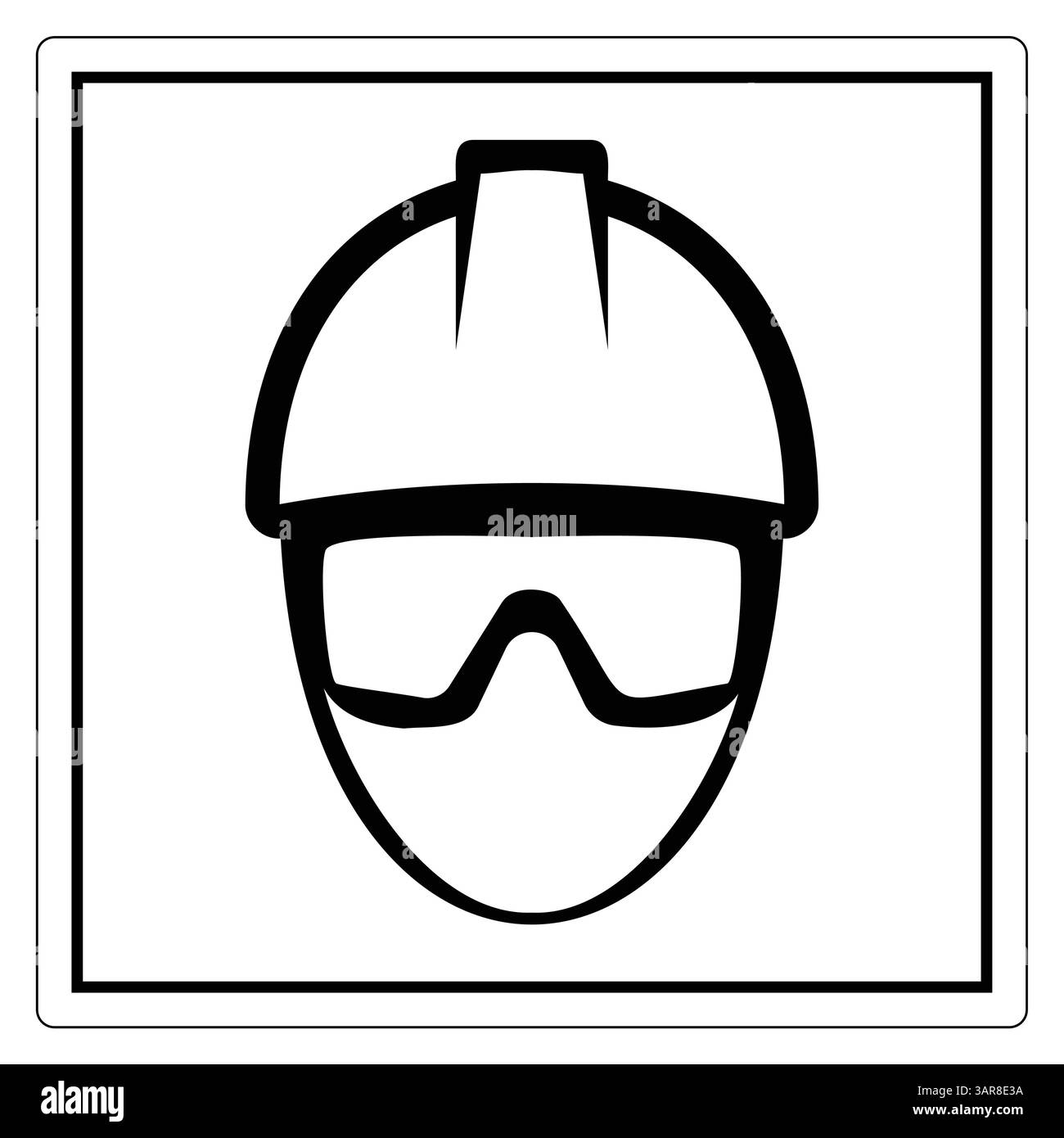 This image features a minimalist icon of a helmet with protective ...