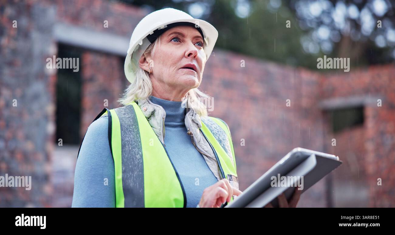 Construction, woman and tablet with site inspection for building ...