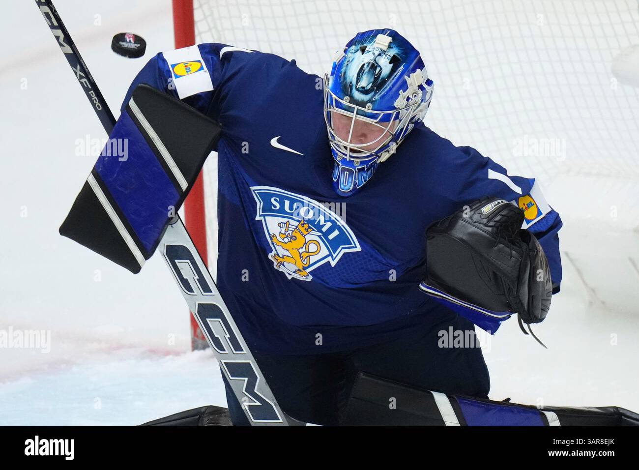 Finland's Sanni Ahola makes a save during the quarterfinal match ...