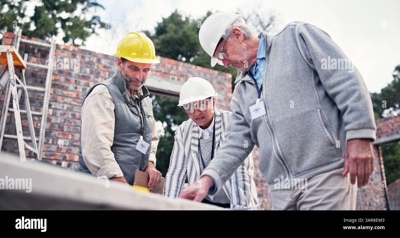 Construction site, people and discussion for floor plan, blueprint and ...