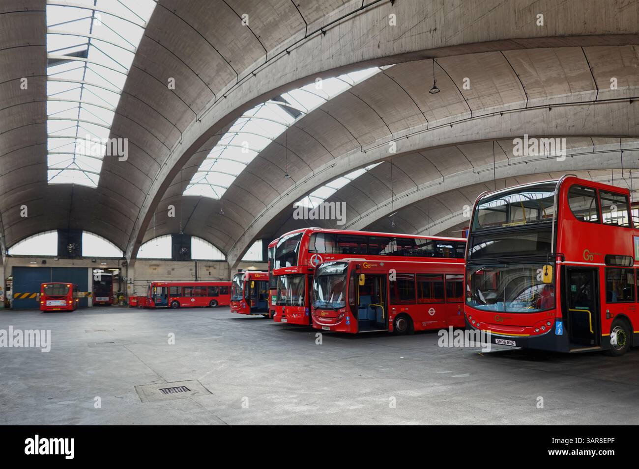 Buses parked in Stockwell Bus Garage, Lambeth, London, UK - at the time ...