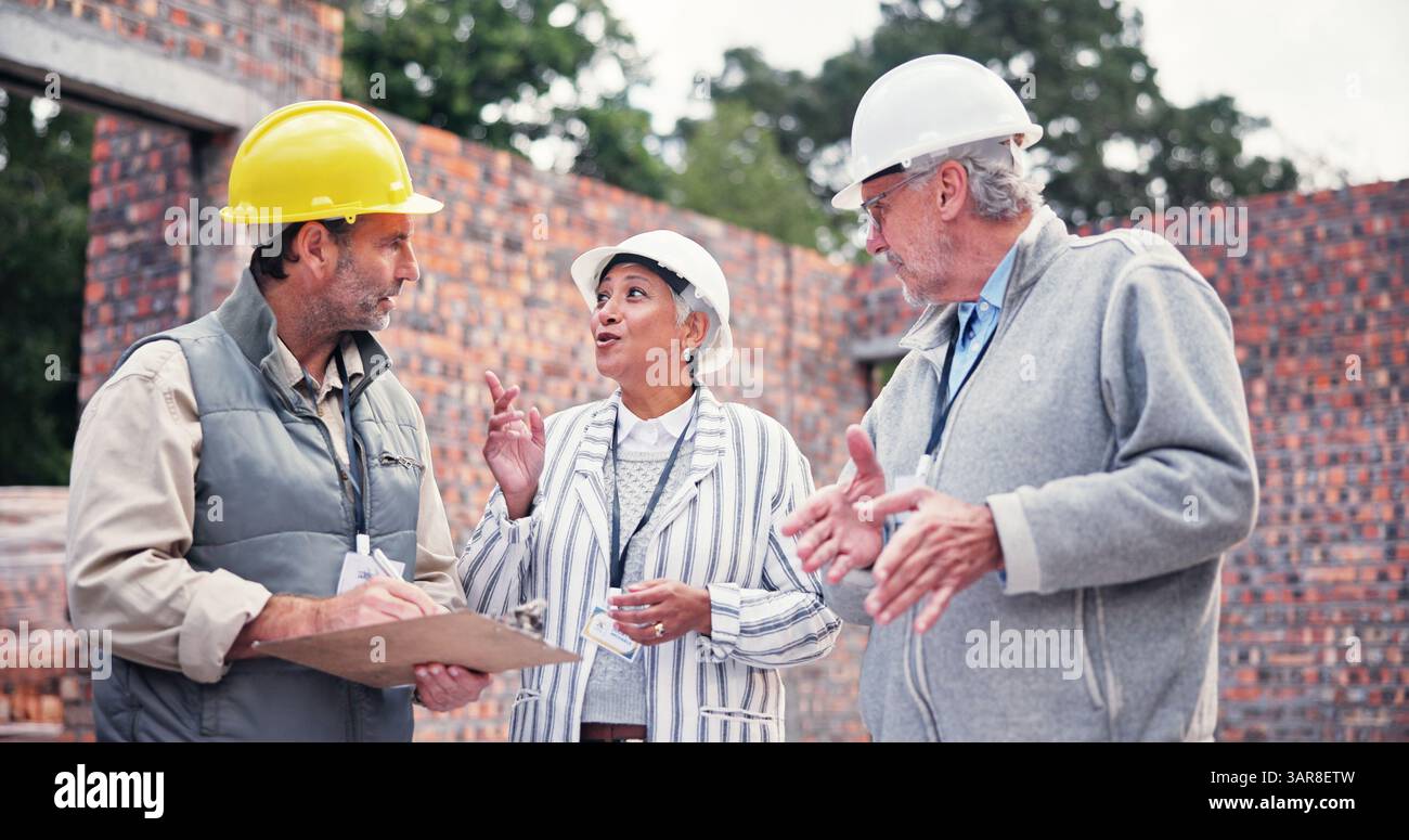 People, clipboard and meeting on construction site for planning ...