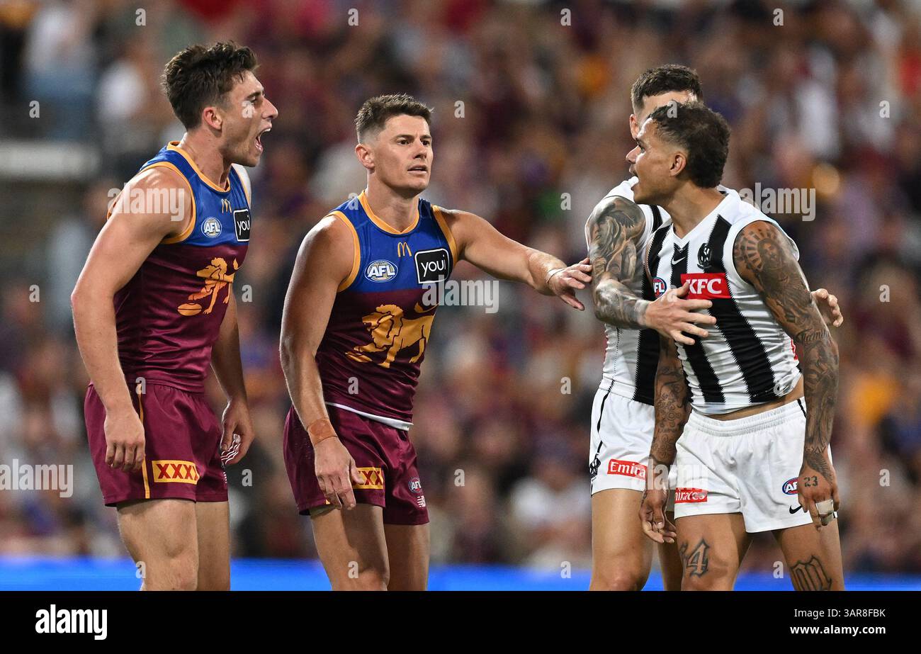 Bobby Hill of the Magpies reacts with Noah Answerth of the Lions during ...