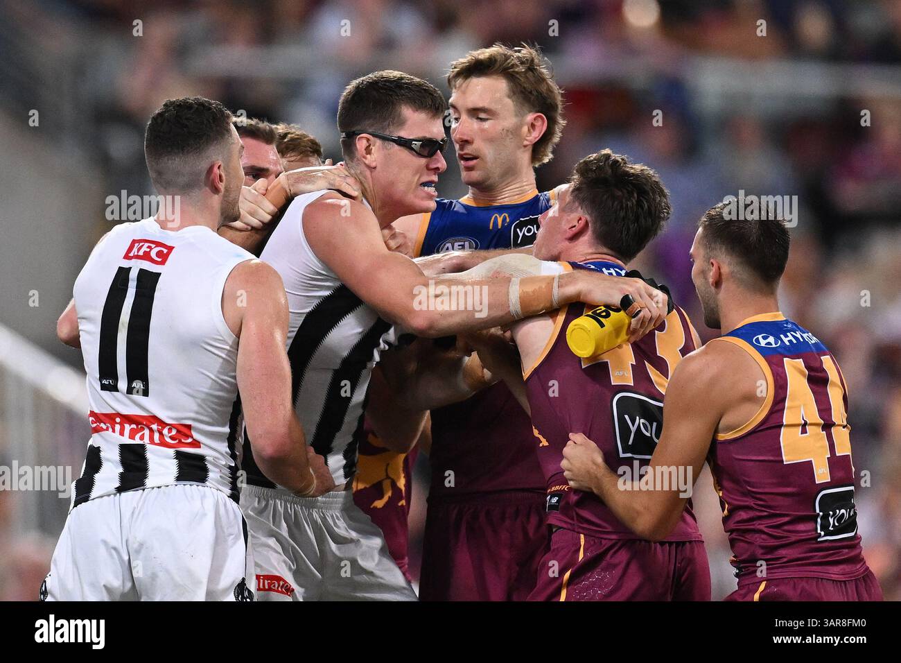 Brisbane, Australia. 17th Apr, 2025. Mason Cox of the Magpies reacts ...