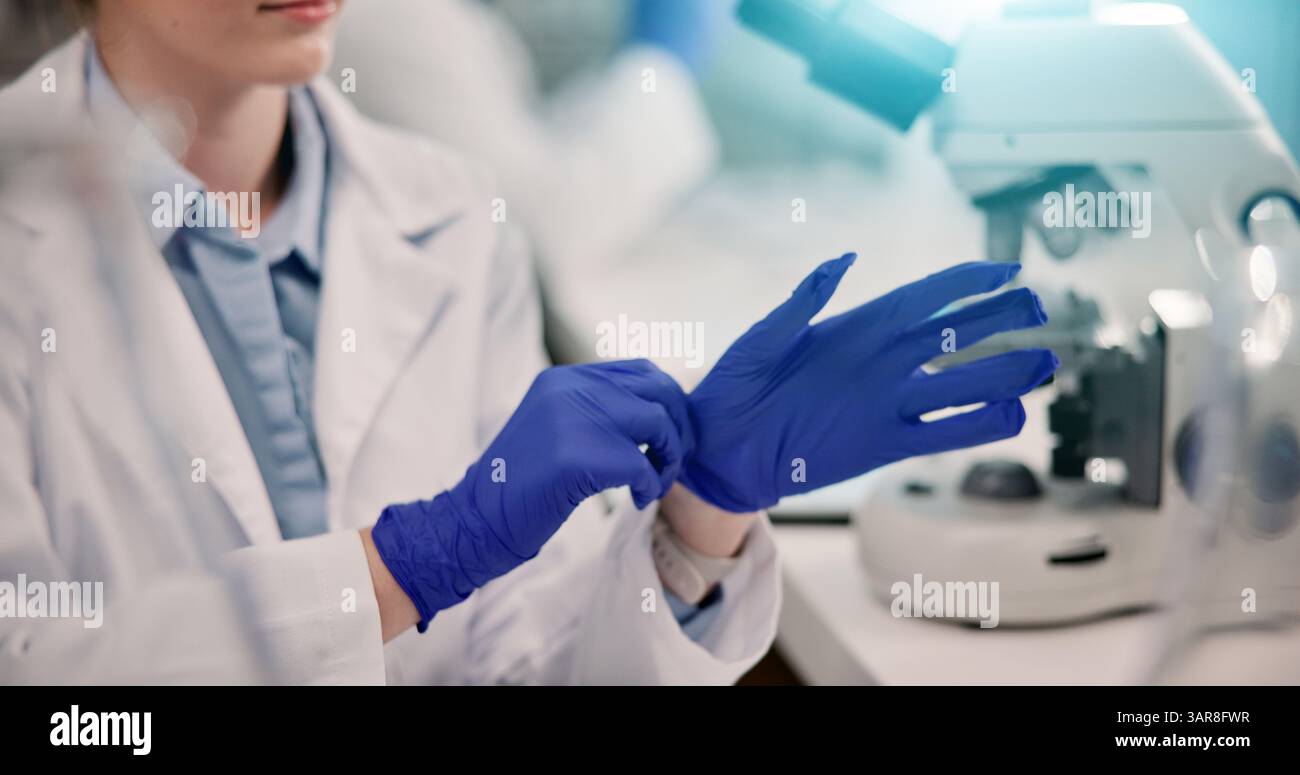 Scientist, hands and gloves in lab for healthcare, preparation and ...