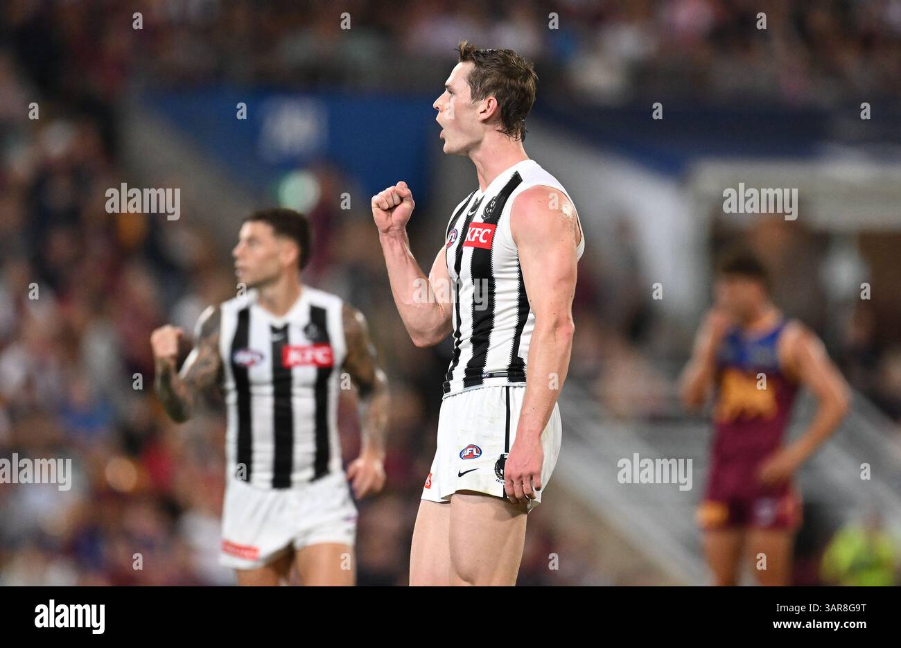 Brisbane, Australia. 17th Apr, 2025. Ned Long of the Magpies after ...