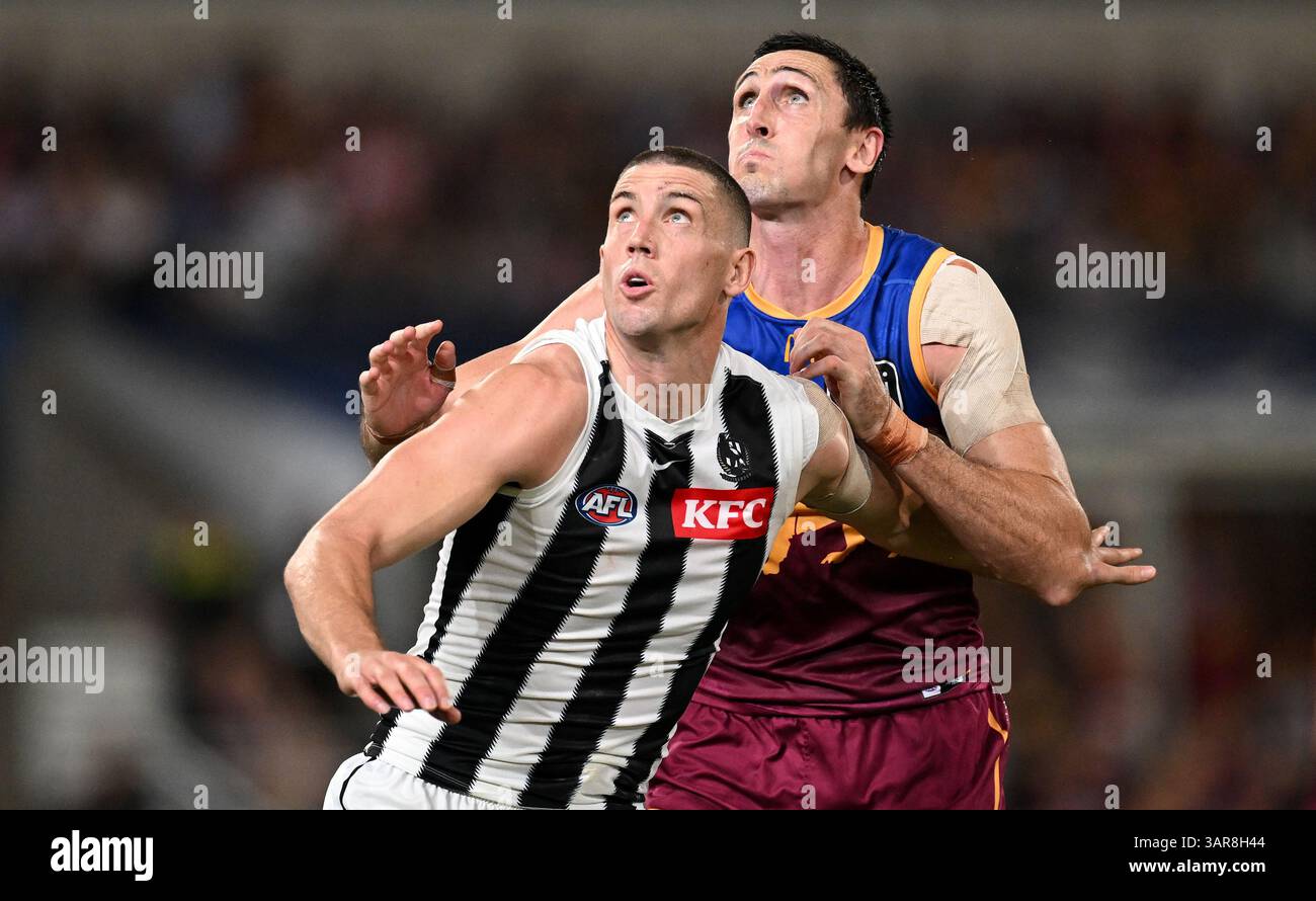 Brisbane, Australia. 17th Apr, 2025. Ned Long of the Magpies competes ...