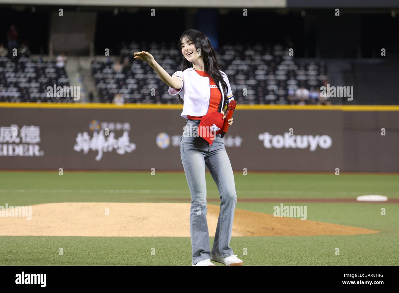 Taipei. 16th Apr, 2025. South Korean 18-year-old singer GYUBIN served as the opening pitch guest ...
