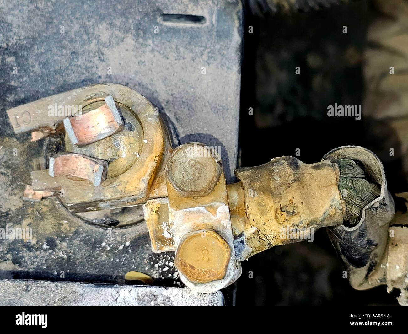 Cairo, Egypt, March 13 2025: broken battery terminal, rusty broken car ...