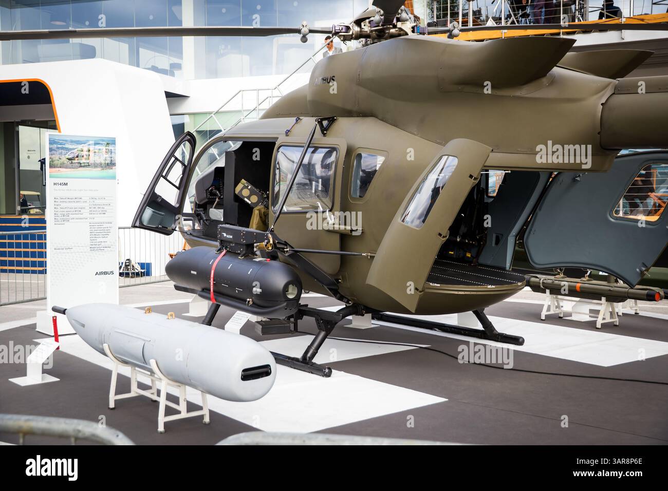 Airbus H145M military utility helicopter and armament on display at the Paris Air Show. Le ...