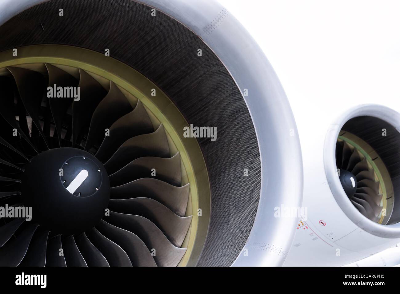 Aircraft engines and the blades of the turbine on the wing of a modern ...