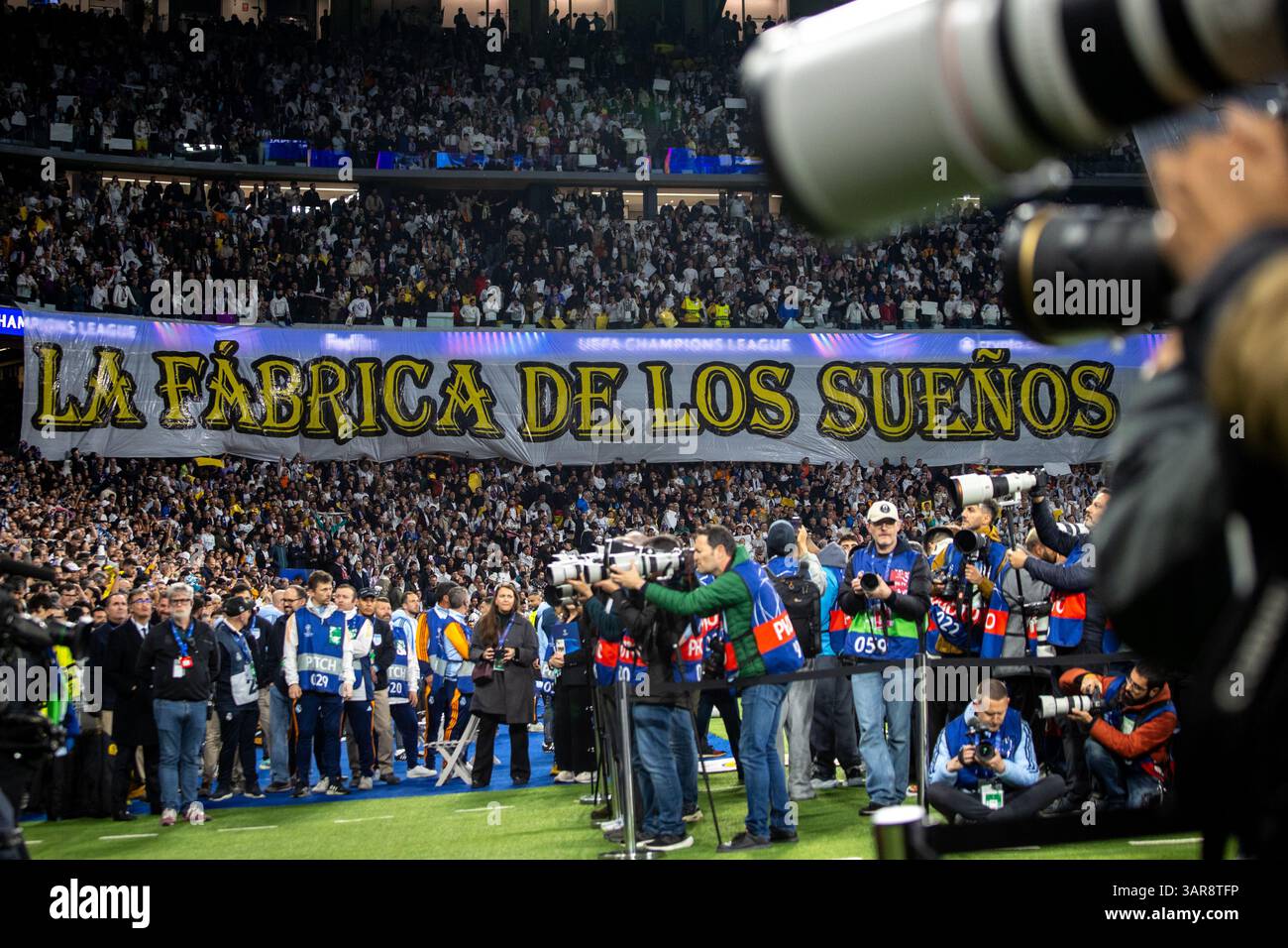 A banner of Real Madrid fans with the slogan: "The Dream Factory" seen ...