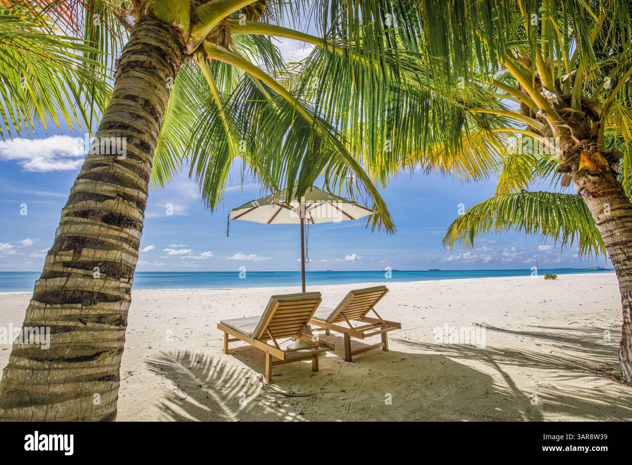 Amazing joy sunny beach escape cozy chairs umbrella ocean sand sky, romantic honeymoon ...