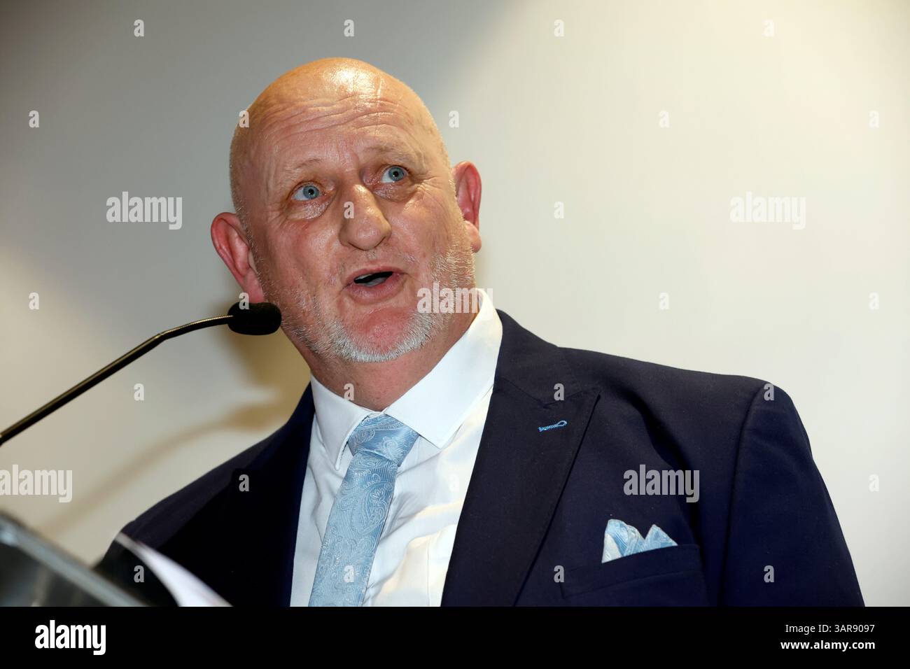 Neil Sillett speaking during the statue reveal ceremony at the Coventry ...