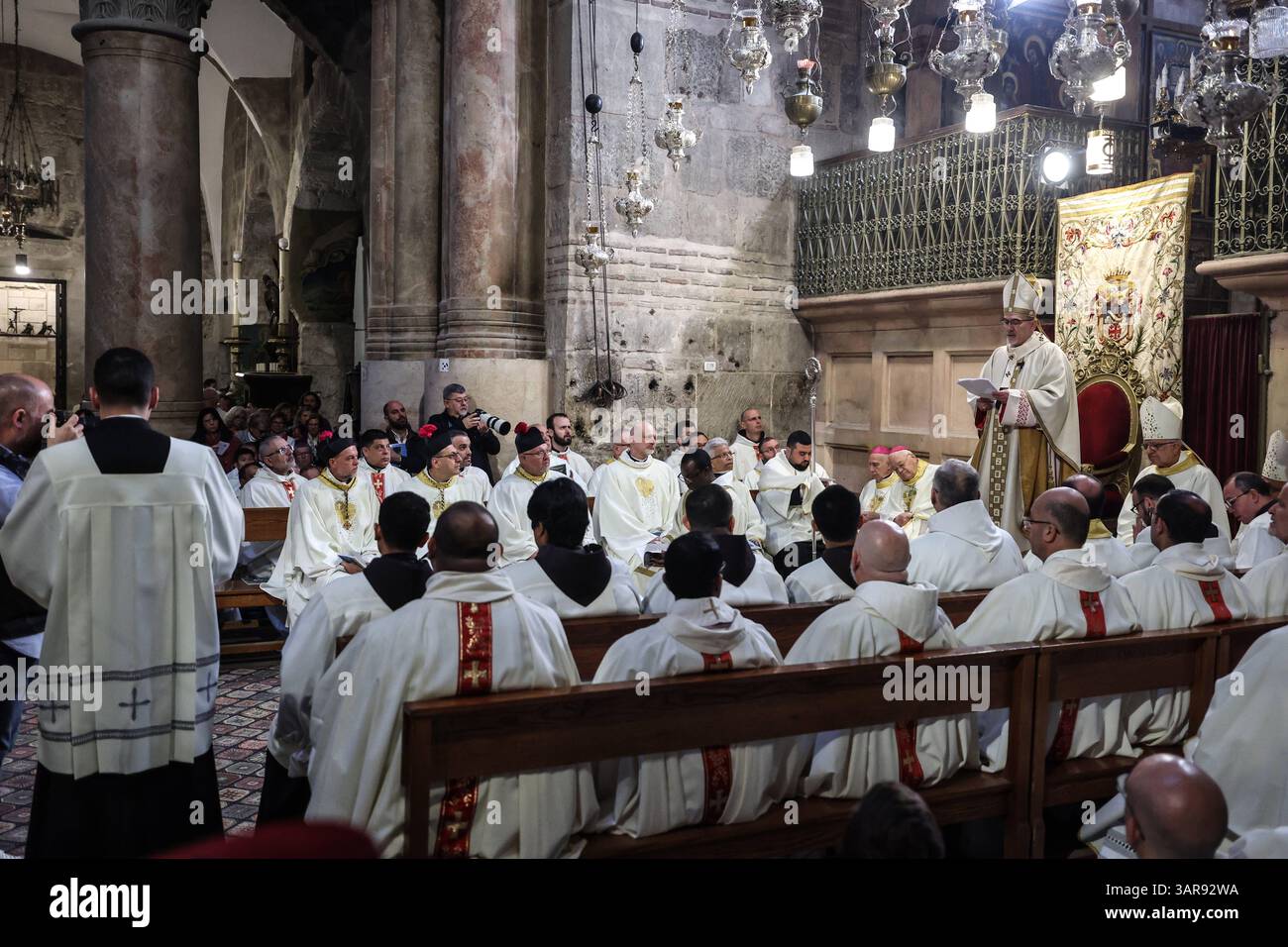 Washing of the Feet ceremony Christian worshippers pray at the Stone of ...
