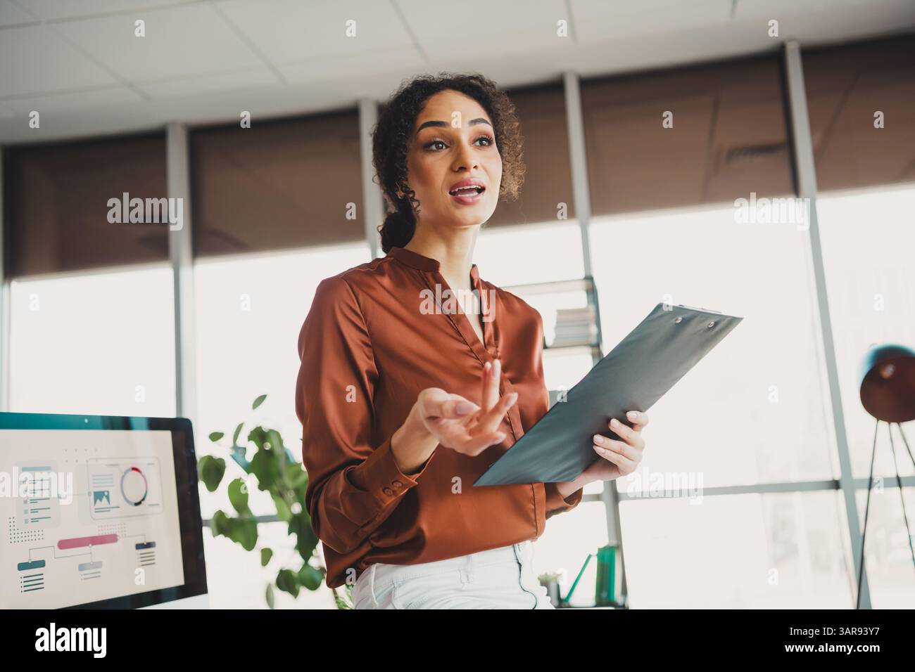 Confident businesswoman discussing strategies in a modern office with a ...