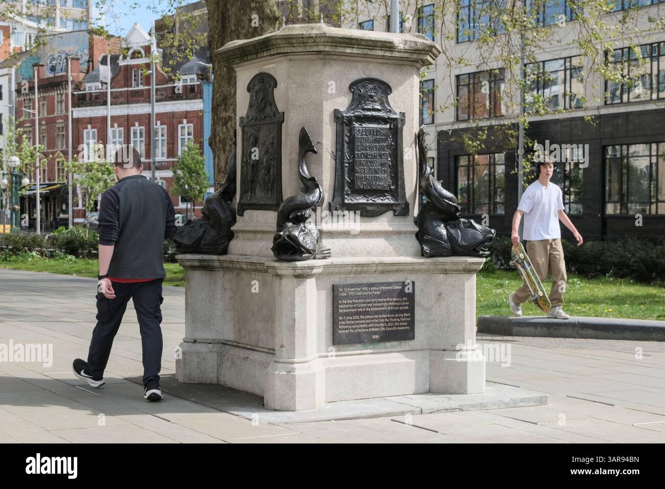 Bristol, UK. 17th April 2025. Bristol Council have added a second plaque to the plinth that once ...
