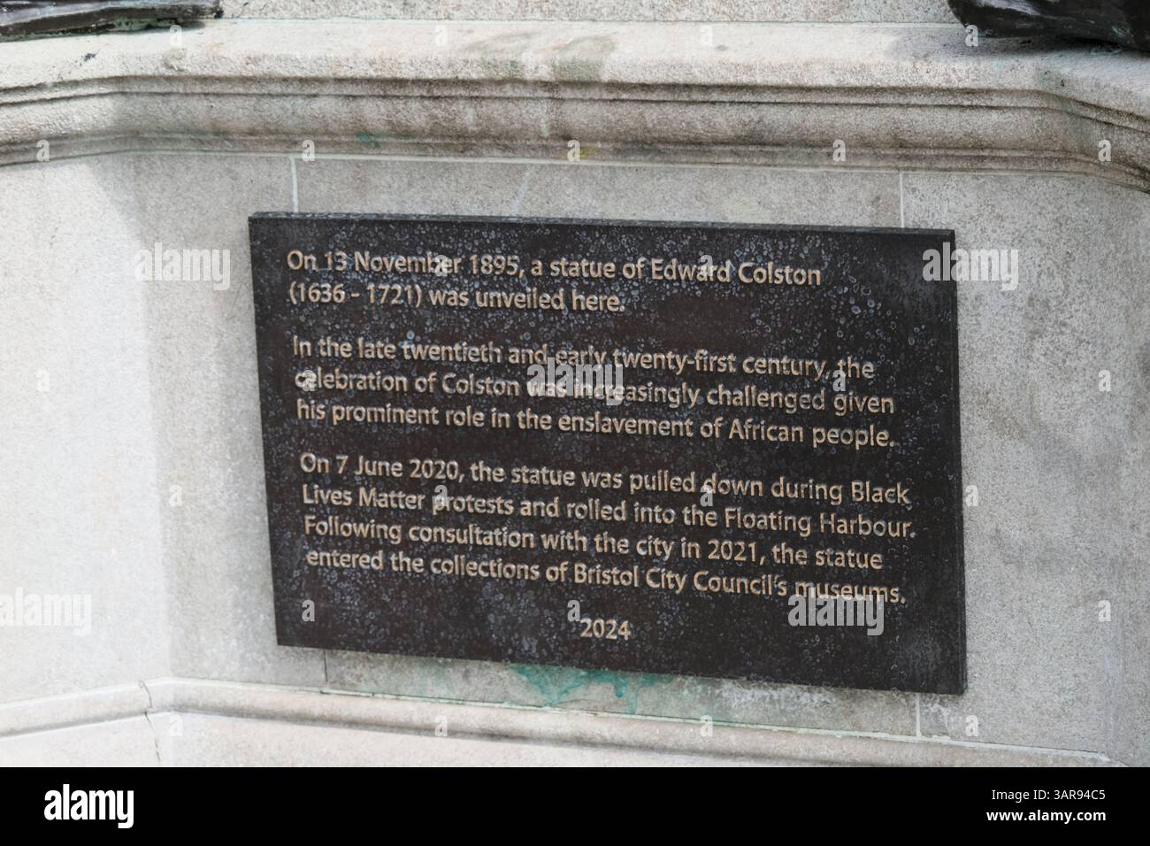 Bristol, UK. 17th April 2025. Bristol Council have added a second plaque to the plinth that once ...