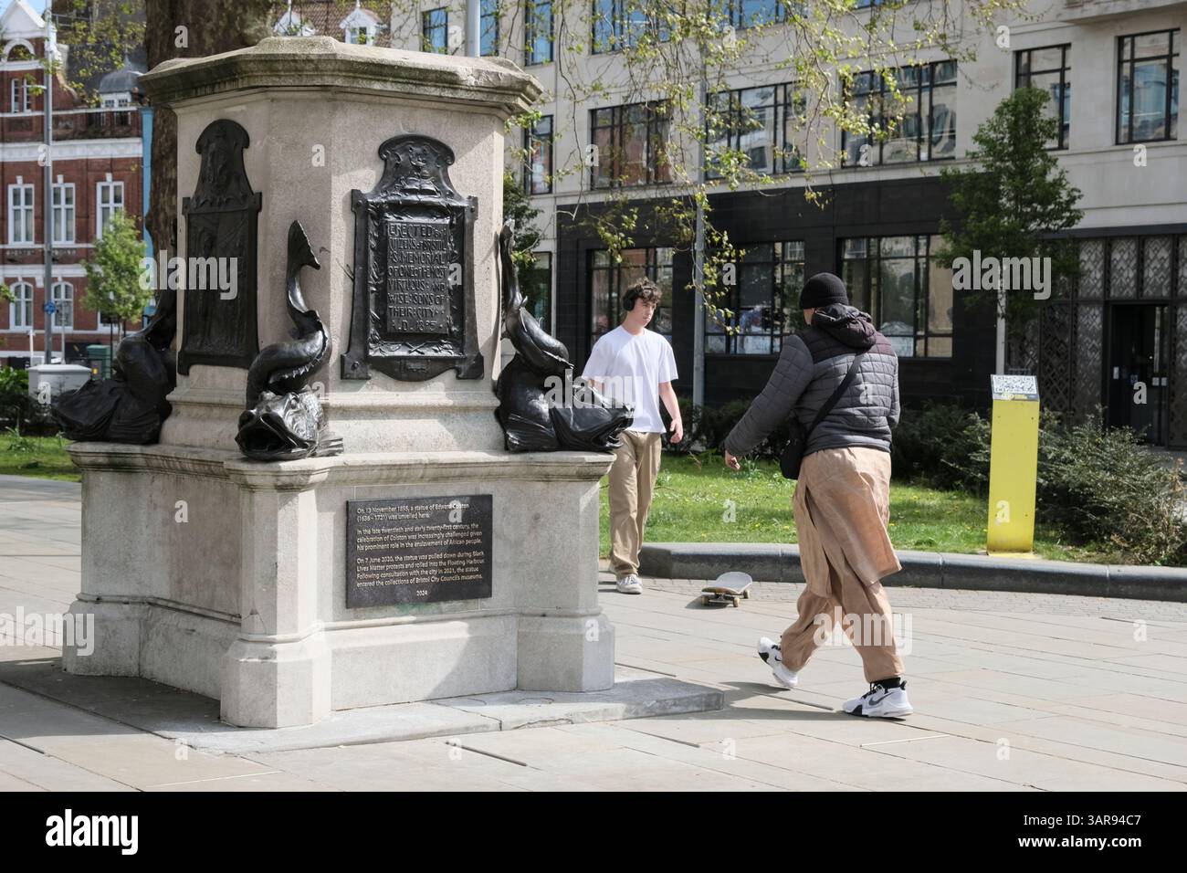 Bristol, UK. 17th April 2025. Bristol Council have added a second plaque to the plinth that once ...
