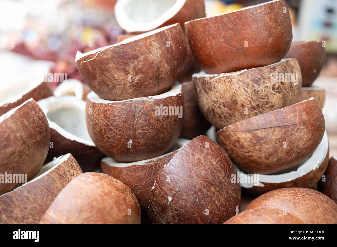 Fresh coconuts on a market stall in India, tropical fruit and milk ...