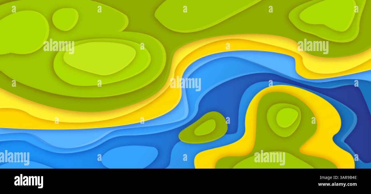 Topography papercut style background with multi colored layered waves ...