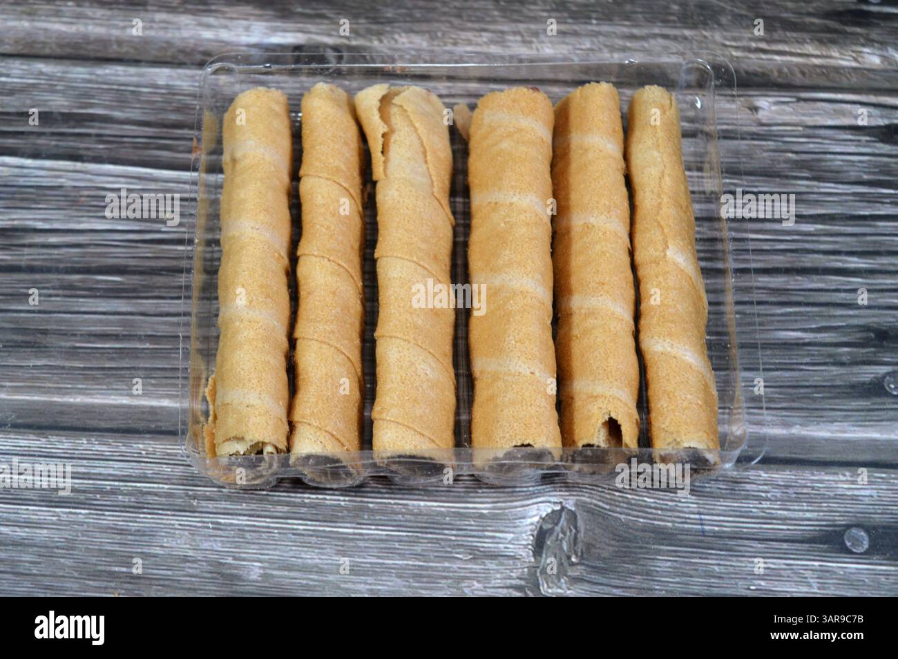 Rolled wafers filled with hazelnut chocolate paste cream, wafer rolls ...