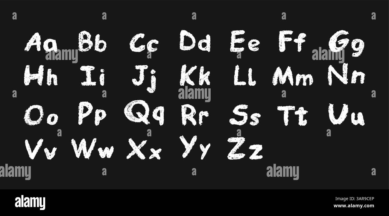 English alphabet hand-drawn in a crayon. Capital and lowercase white ...