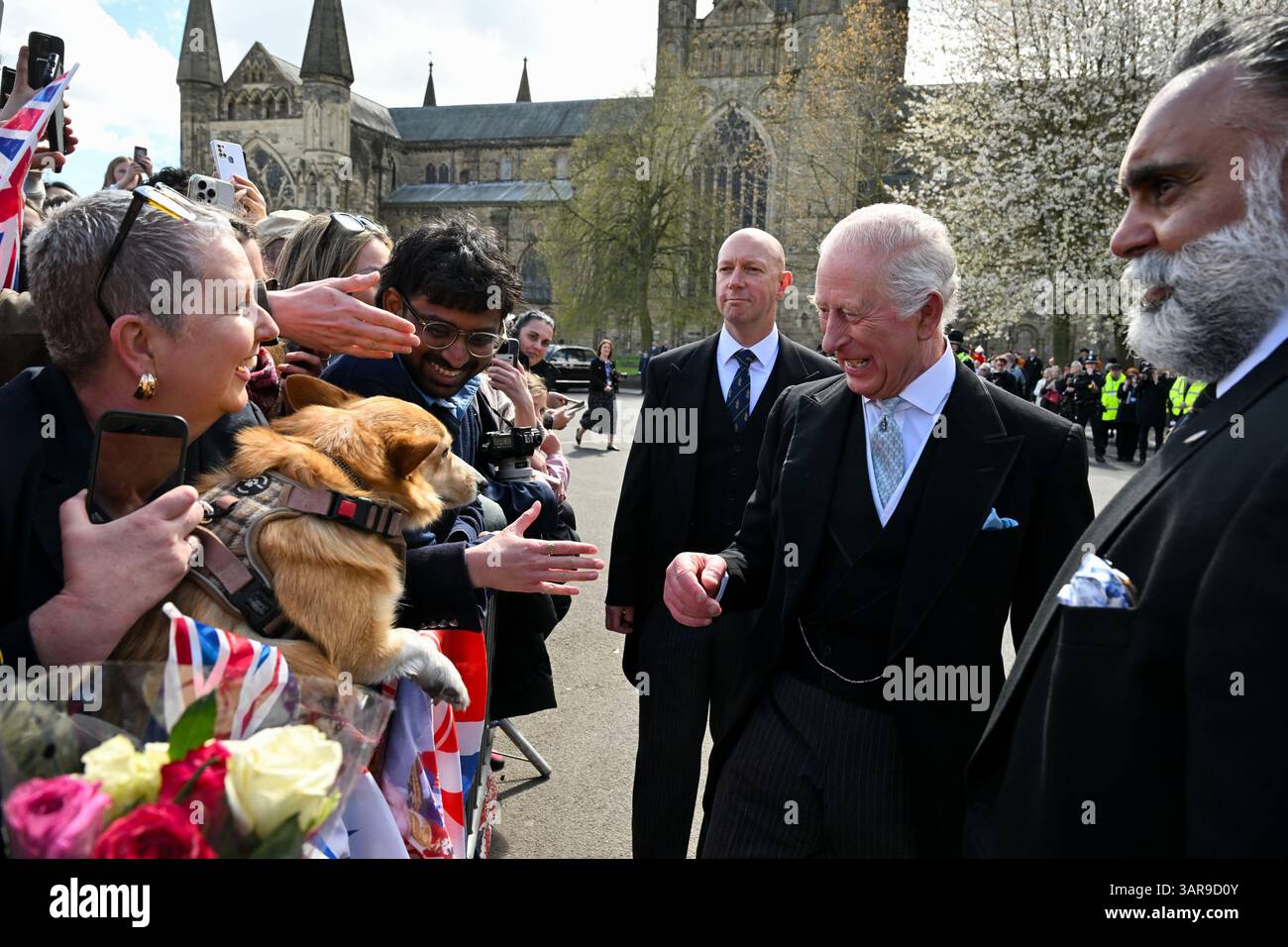 King Charles III speaks with well-wishers following the Royal Maundy Service at Durham Cathedral ...
