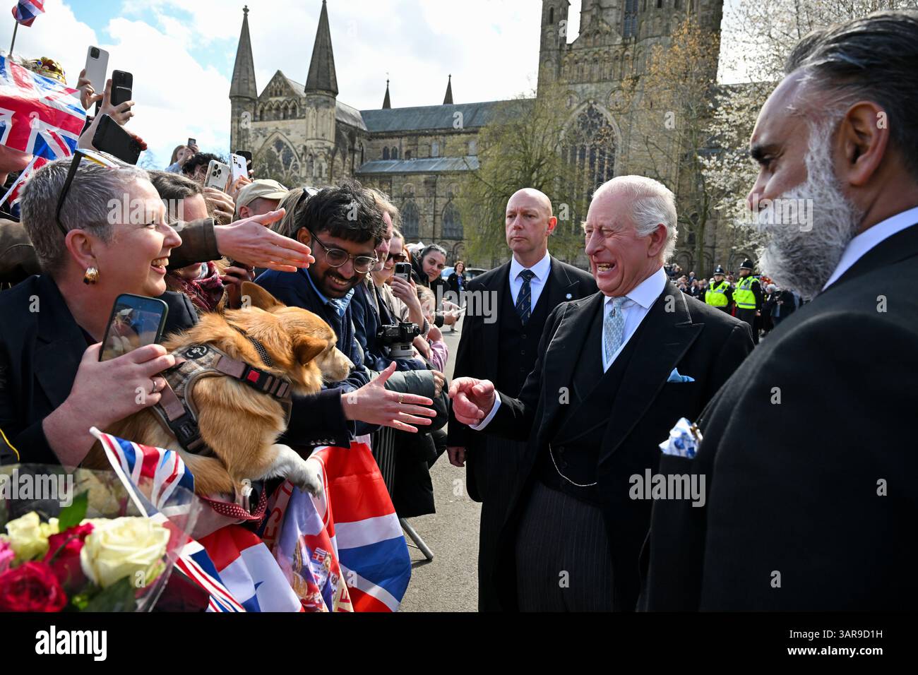 King Charles III speaks with well-wishers following the Royal Maundy Service at Durham Cathedral ...