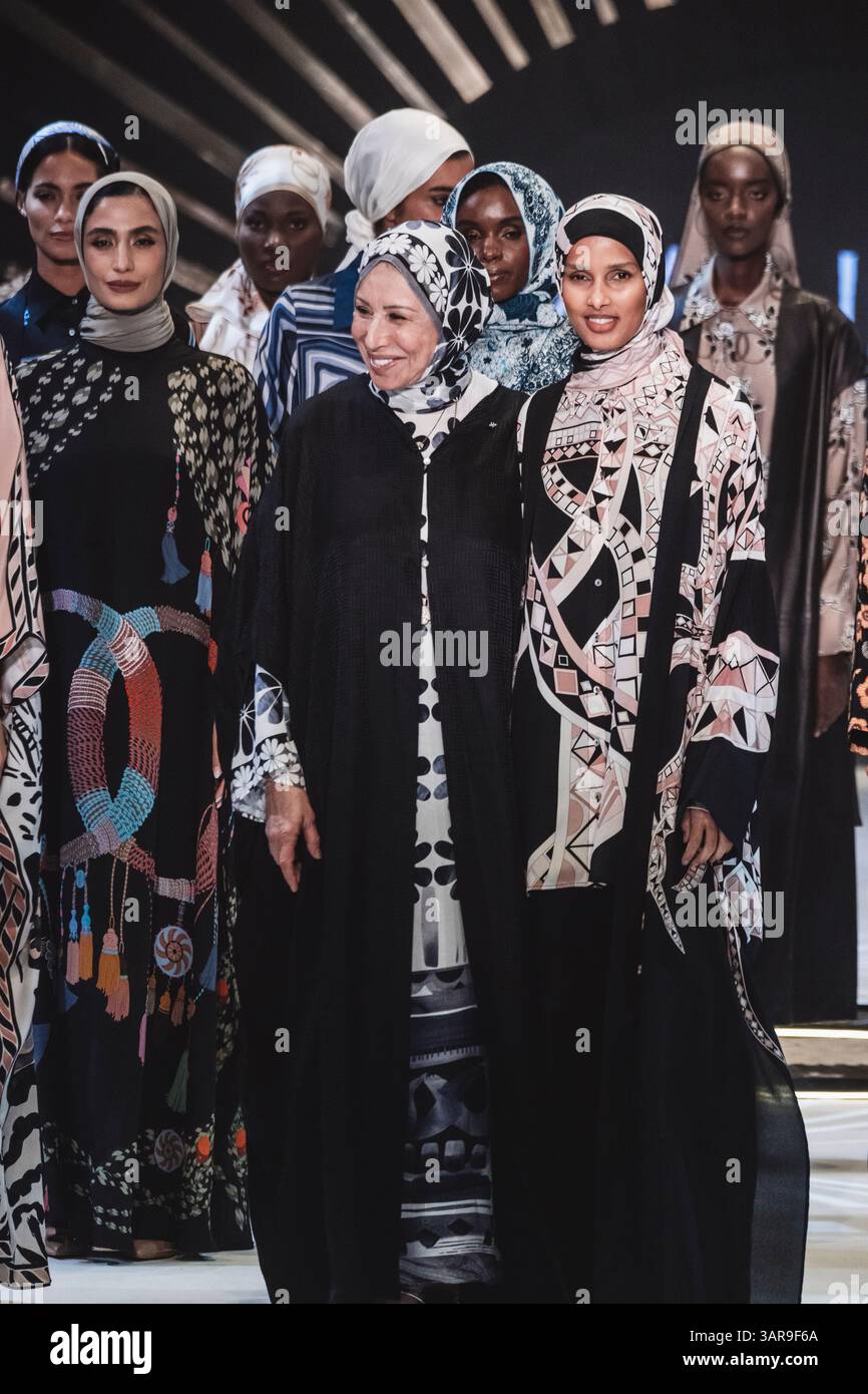Designer Henza Colakoglu (C-L) and Rawdah Mohamed (C-R) Norwegian-Somali model seen on stage ...