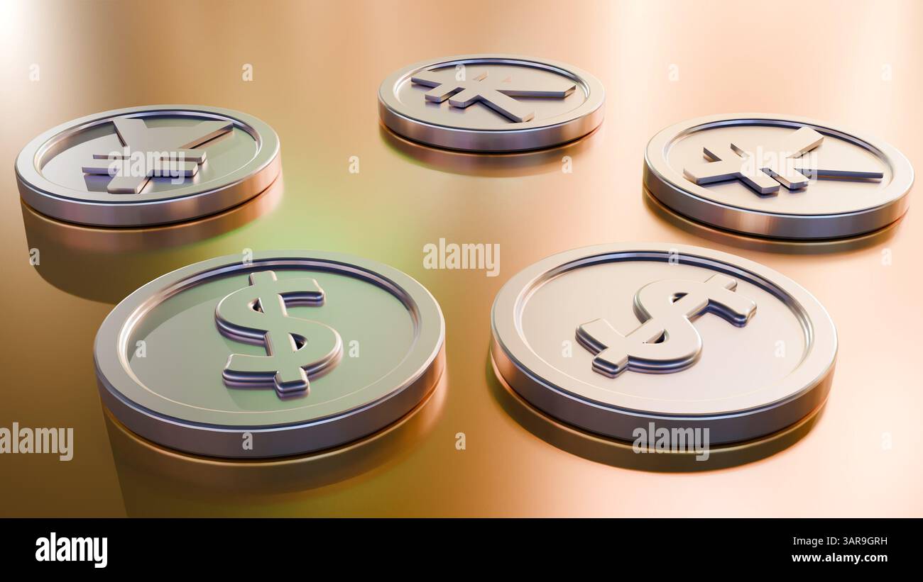 A 3D rendering of metallic coins, with one showing the Chinese Yuan ...