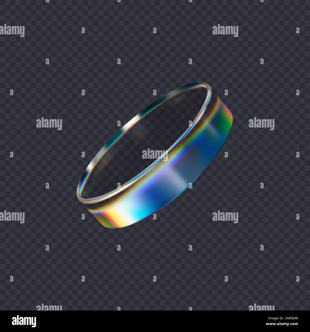 3d transparent glossy round disc with dispersion effect. Rainbow colors ...