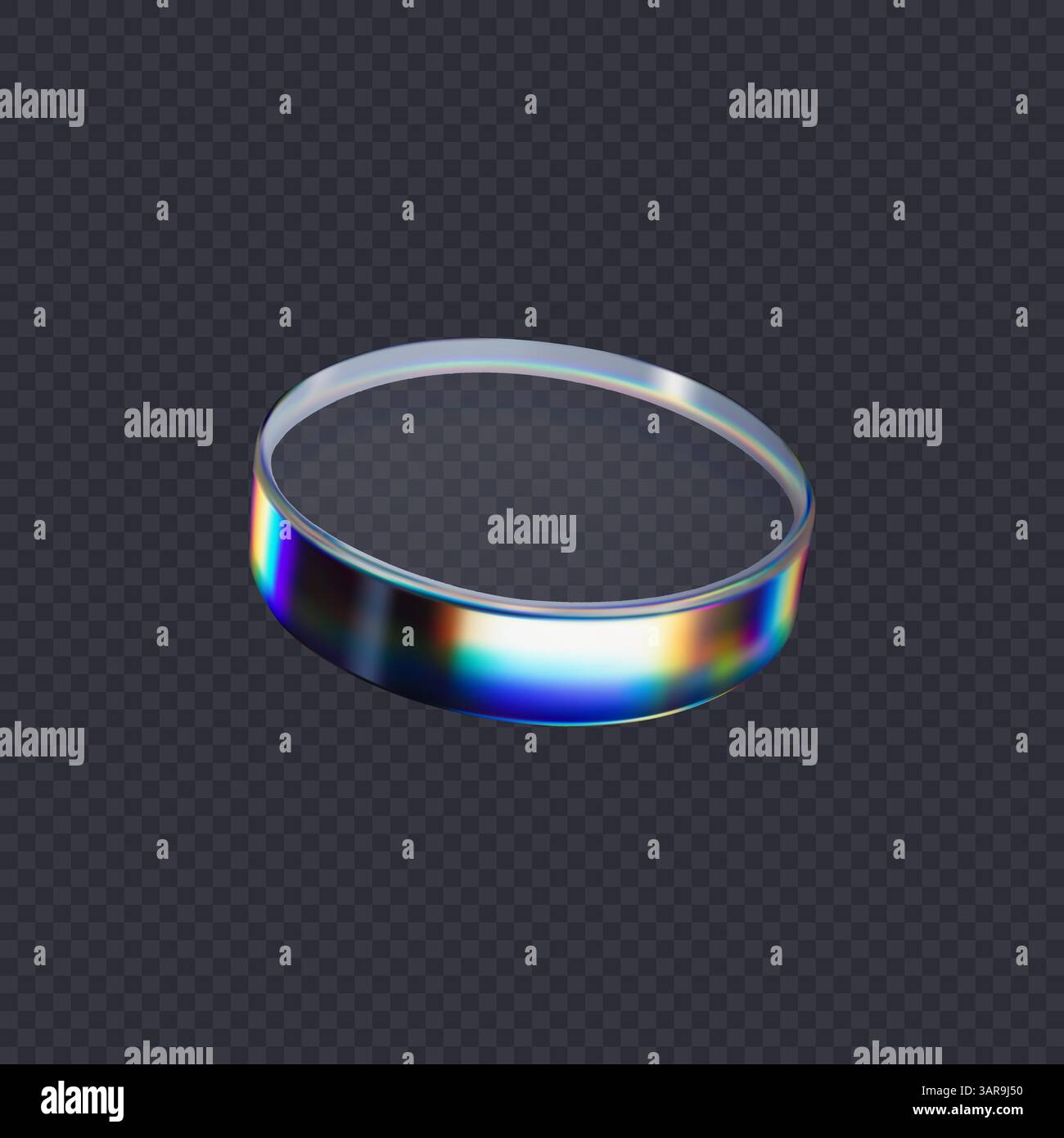 3d transparent glossy round disc with dispersion effect. Rainbow colors ...