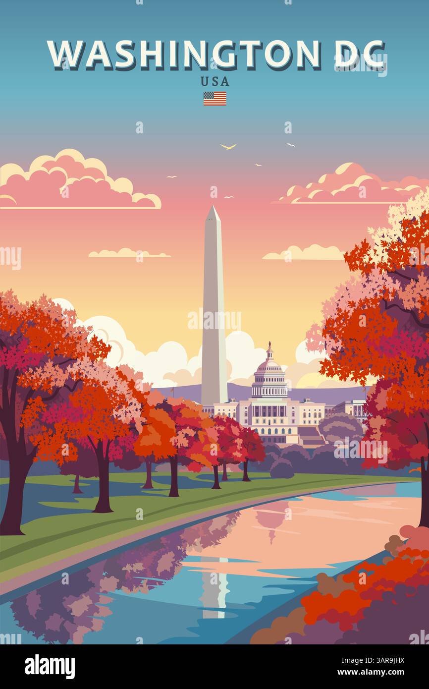 Washington dc travel and tourism retro style poster vector illustration ...