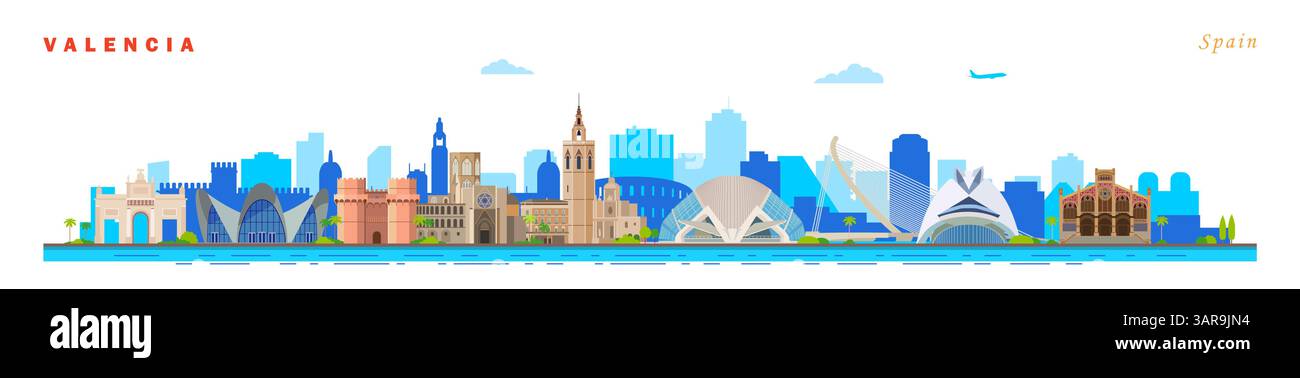 Valencia City skyline and landmarks Spain, Europe Stock Vector Image ...