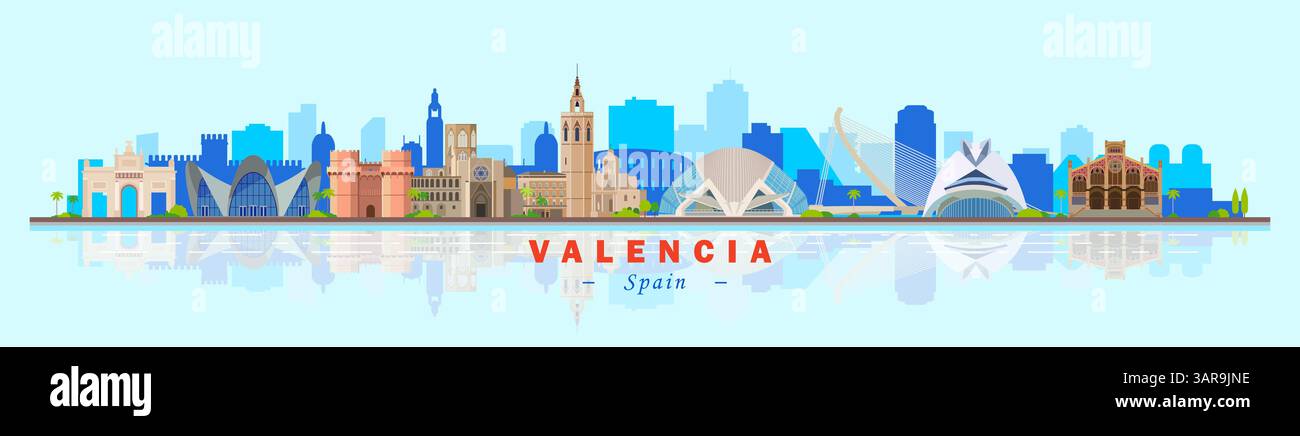 Valencia city skyline landmarks horizontal vector illustration, Spain ...